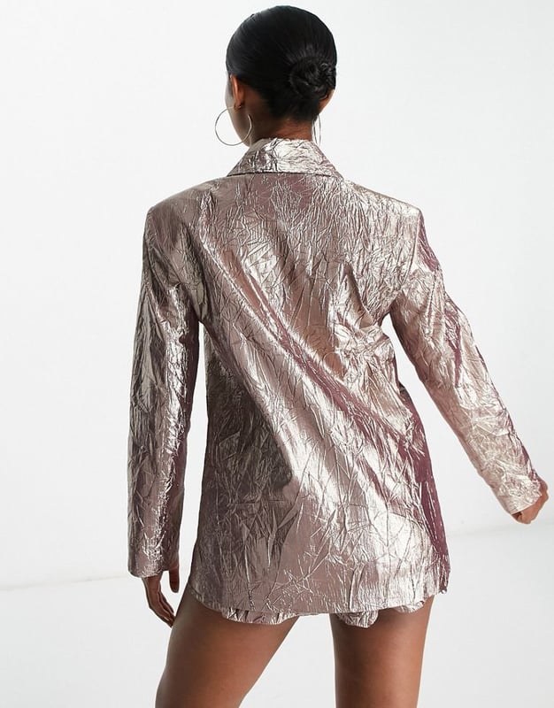 ASOS DESIGN metallic nipped waist suit blazer in silver