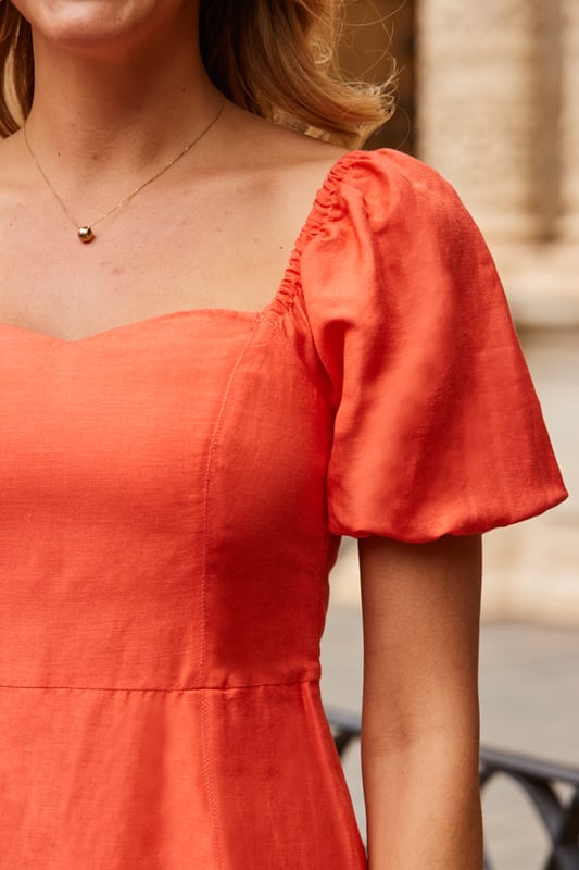 Coral Linen Fit & Flare Midi Dress