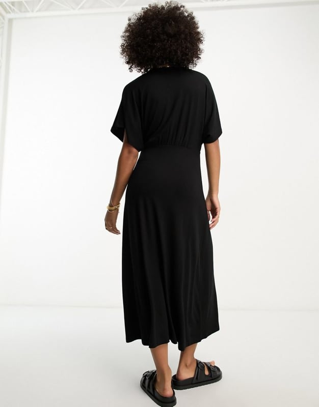 Asos Design Flutter Sleeve Midi Tea Dress With Buttons In Black