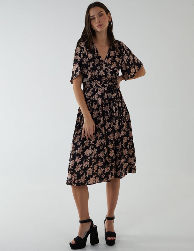 V-Neck Angel Sleeve Midi Dress