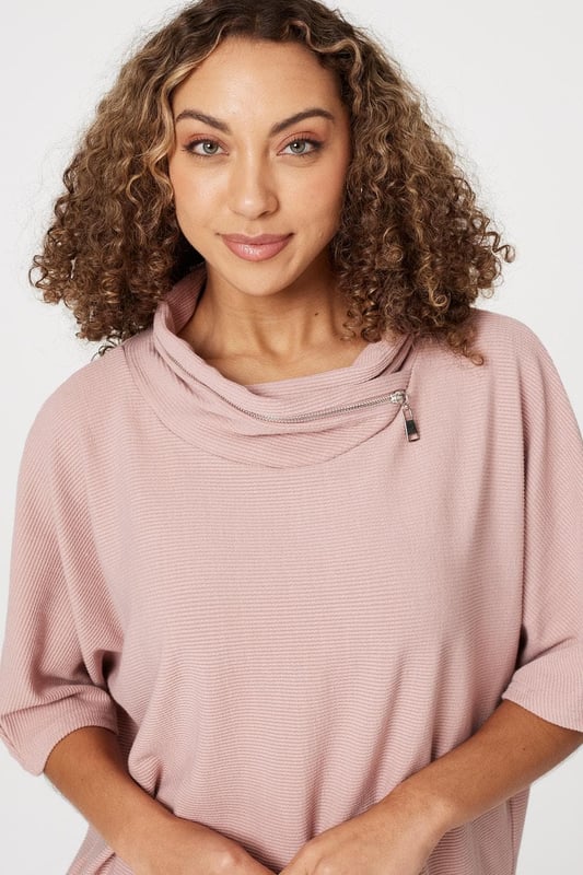 Pink Zip Embellished Cowl Neck Top