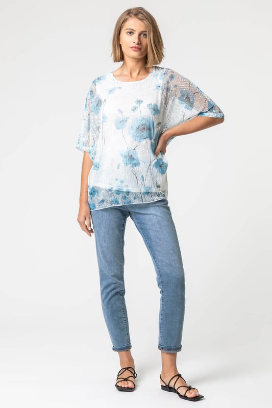 Mesh Overlay Floral Print Top