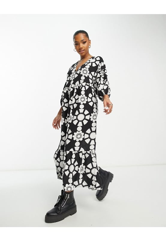 Asos Design Chuck On Smock Midi Dress In Mono Abstract Print Multi