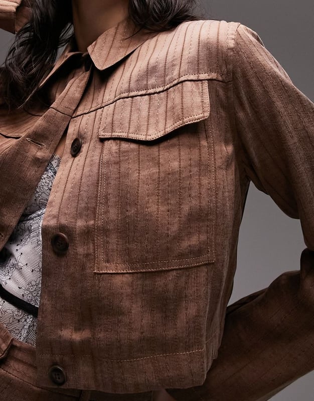 Topshop co-ord self-stripe cropped shacket in brown