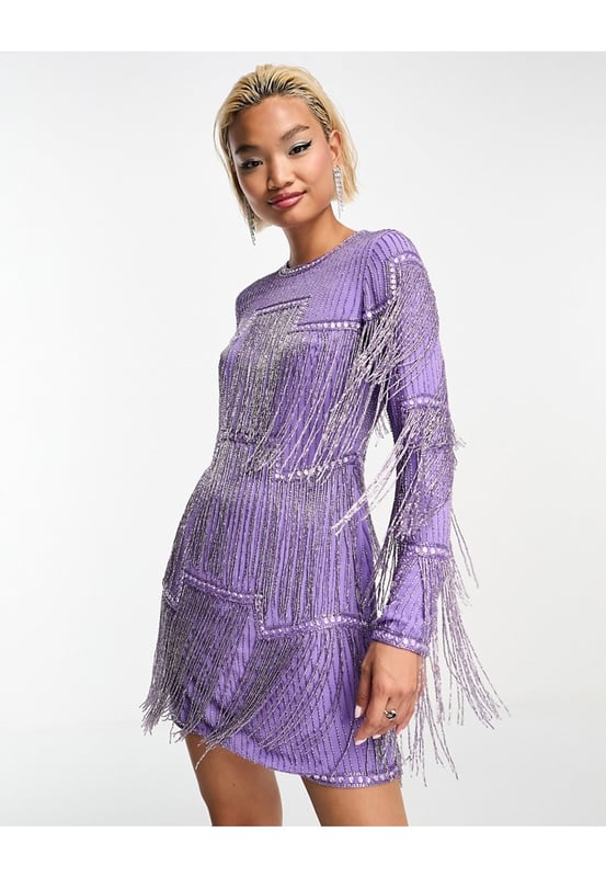 Asos Design Embellished Shift Mini Dress With Beaded Fringe In Purple