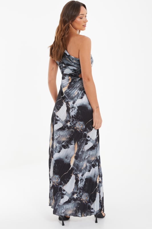 Grey Marble Print Pleated Maxi Dress