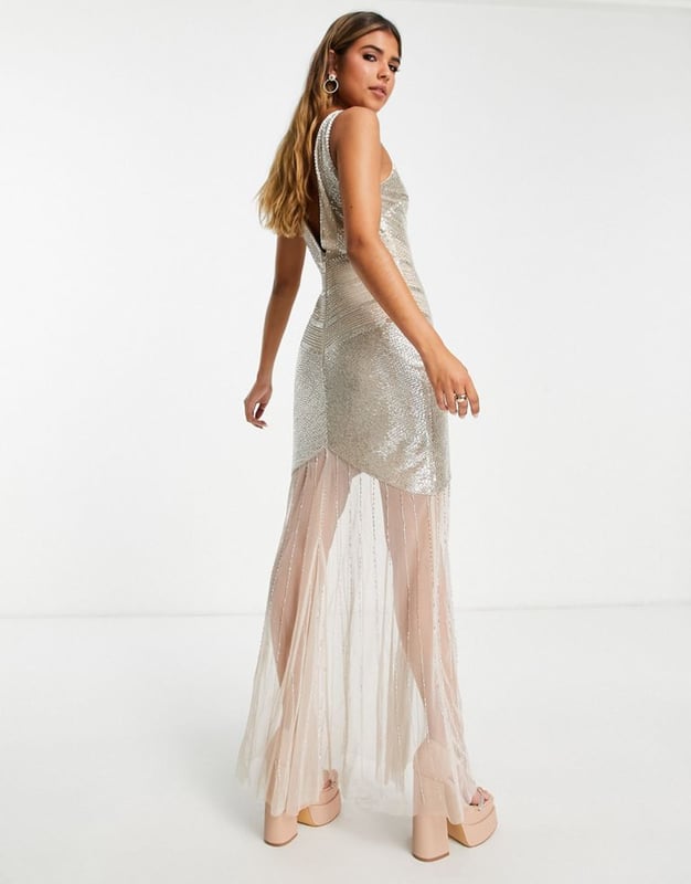 Miss Selfridge Premium bridal embellished sheer bottom maxi dress in ...