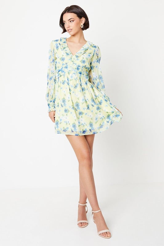 Blue Floral Chiffon Frill Neckline Waisted Mini Dress