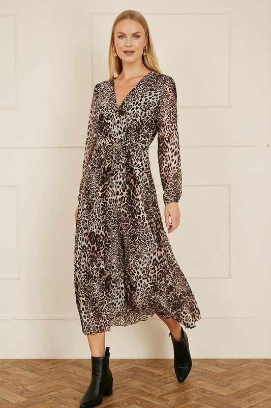 Brown Leopard Print Pleated Long Sleeve Wrap Midi Dress