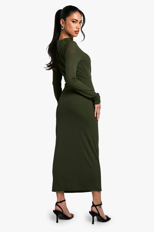 Sheer Ruched Long Sleeve Maxi Dress