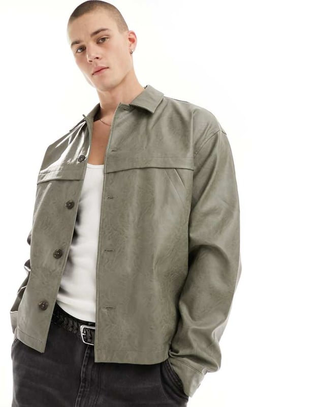 ASOS DESIGN oversized faux leather harrington jacket in khaki-Green