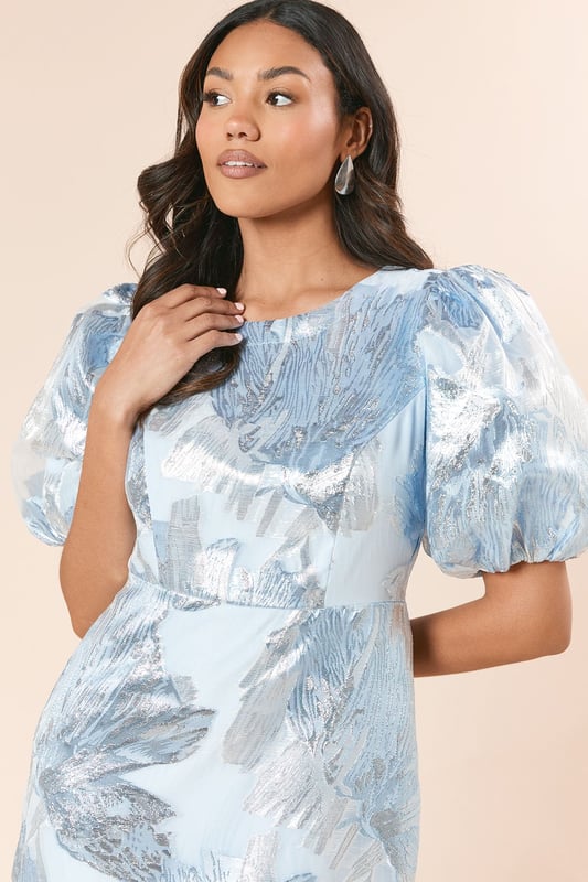 DP Luxe Metallic Jacquard Puff Sleeve Midi Dress