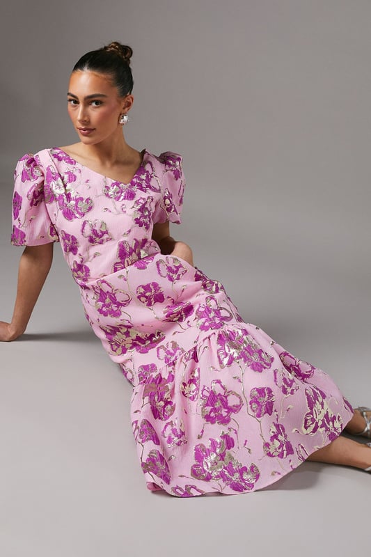 Pink Metallic Floral Jacquard Dress