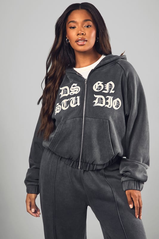 Plus Dsgn Studio Applique Washed Hooded Zip Through Jacket