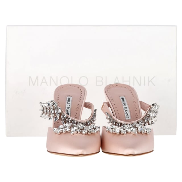 Manolo Blahnik Lurum Crystal Embellished Mules in Pink Satin
