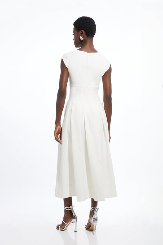 Clean Tailored Square Neck Full Skirted Midi Dress