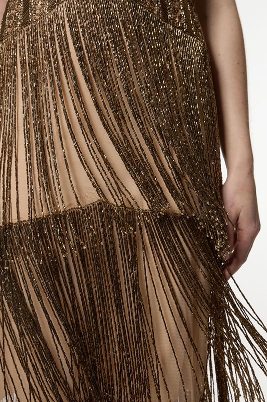 Embellished And Beaded Layered Fringing Woven Midi Dress