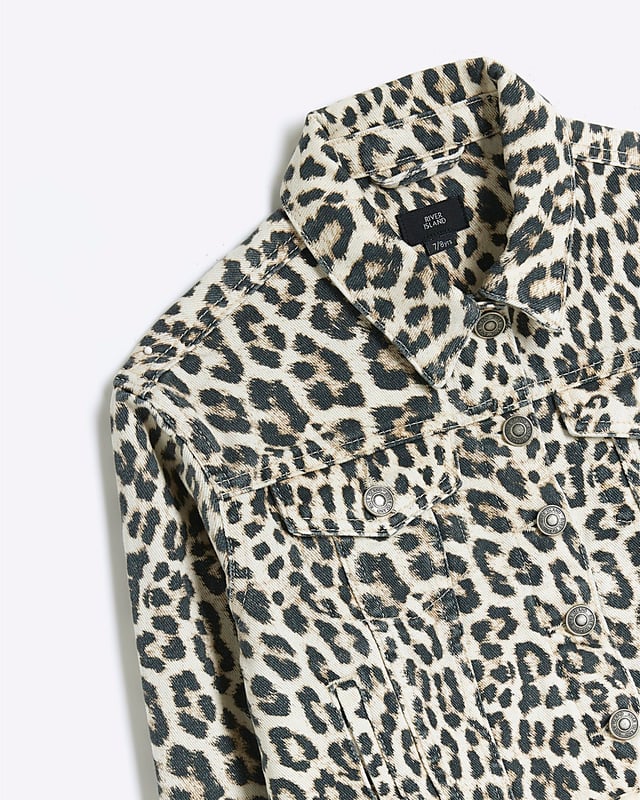 River Island Girls Denim Jacket Brown Leopard Print