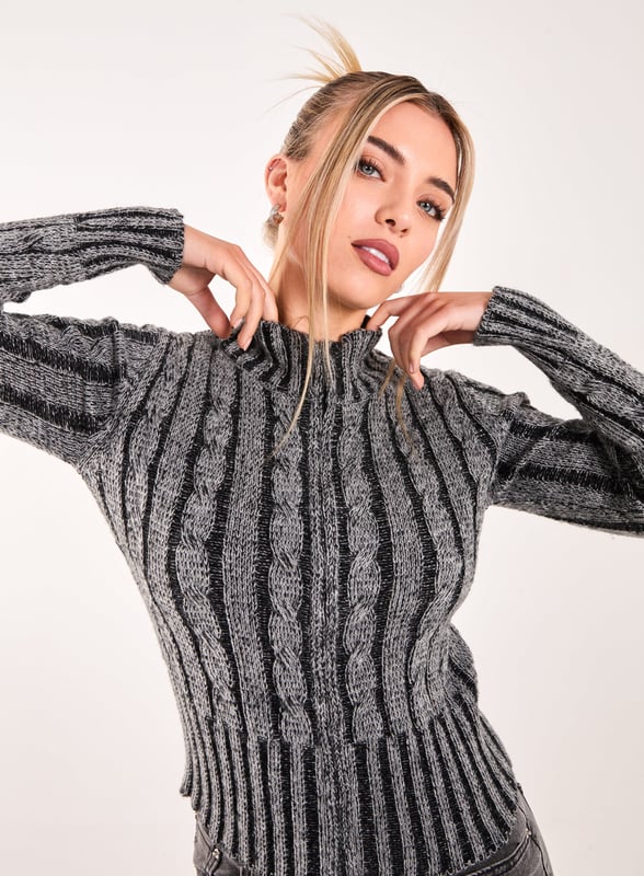 High Neck Zip Up Cable Knit