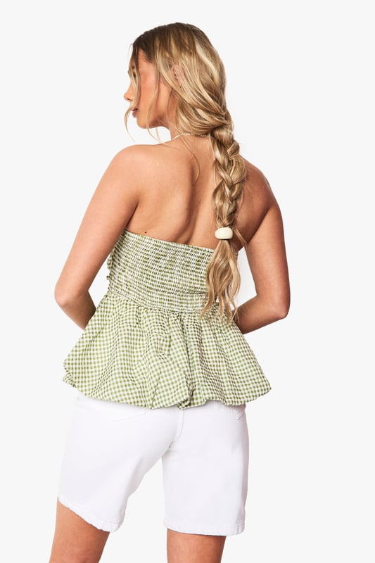 Woven Gingham Bandeau Puffball Smock Top