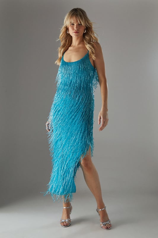 Hand Embellished Sequin Tassel Midi Dress