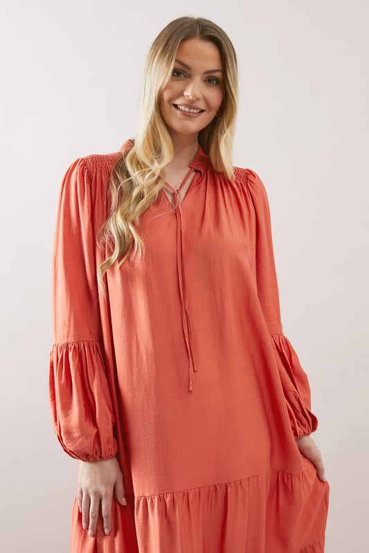 Relaxed Smock Tie Front Maxi Dress
