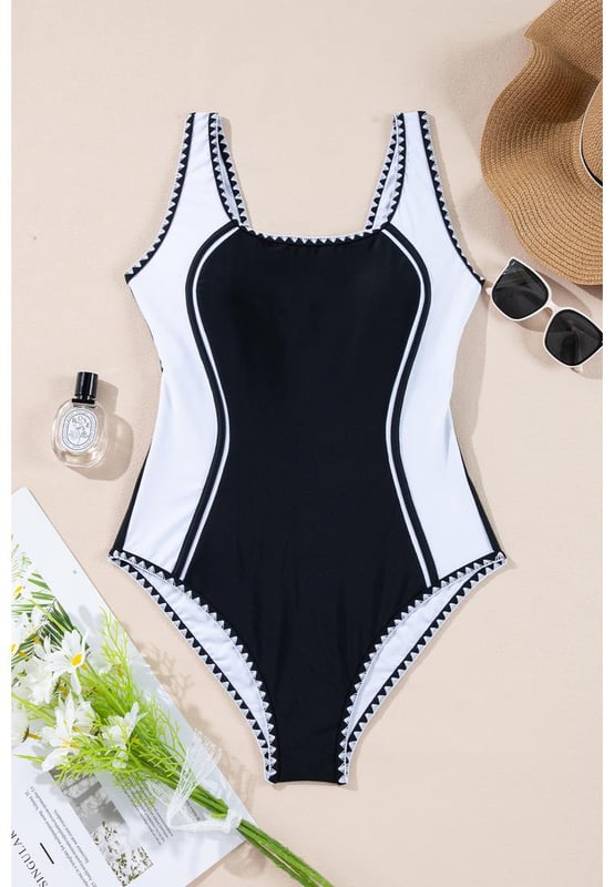 Black Color Block Ric Rac Trim U Neck One Piece Swimsuit