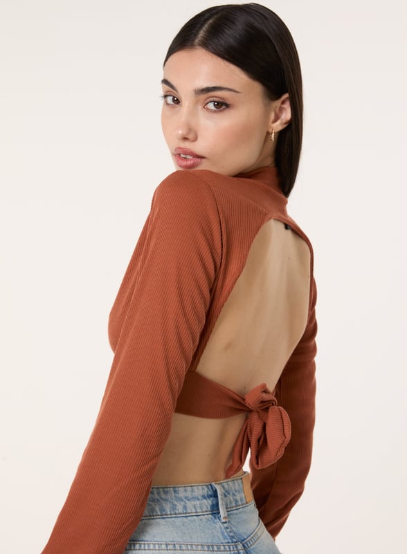 High Neck Open Back Tie Crop Top