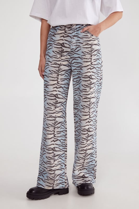 Tiger Print Denim Wide Leg Jean
