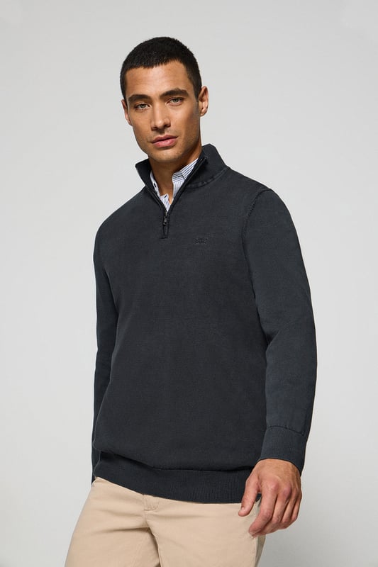 Pullover marineblau halber Reißverschluss Garmet Dye mit gesticktem Logo