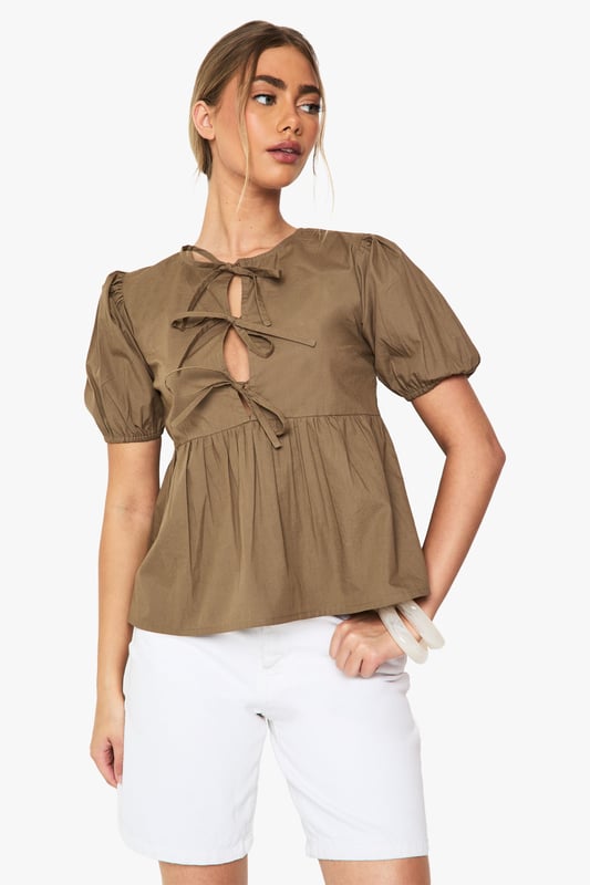 Cotton Poplin Tie Front Smock Top