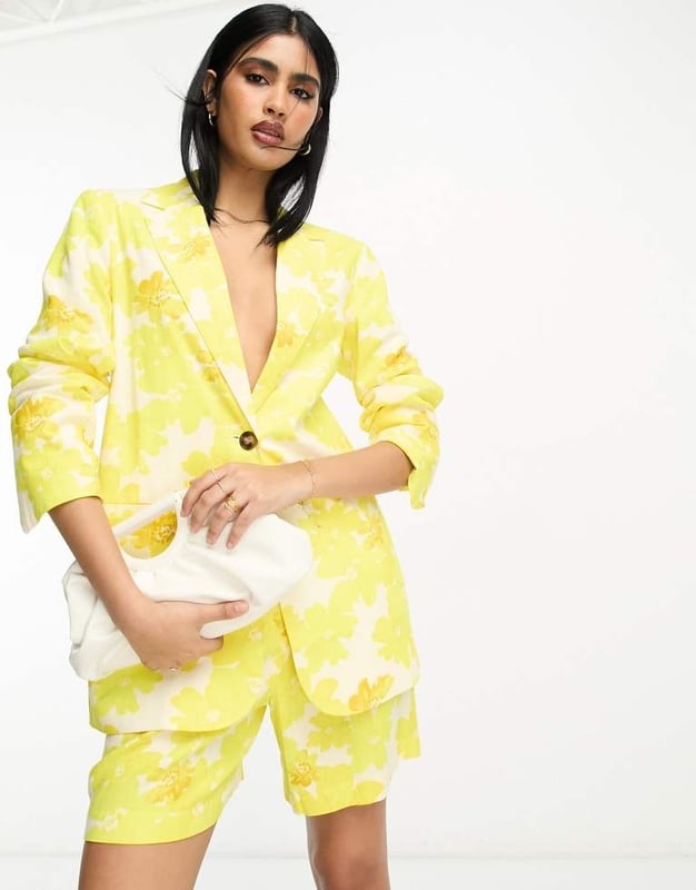 ASOS DESIGN oversized floral printed slim fit suit blazer with linen in ...