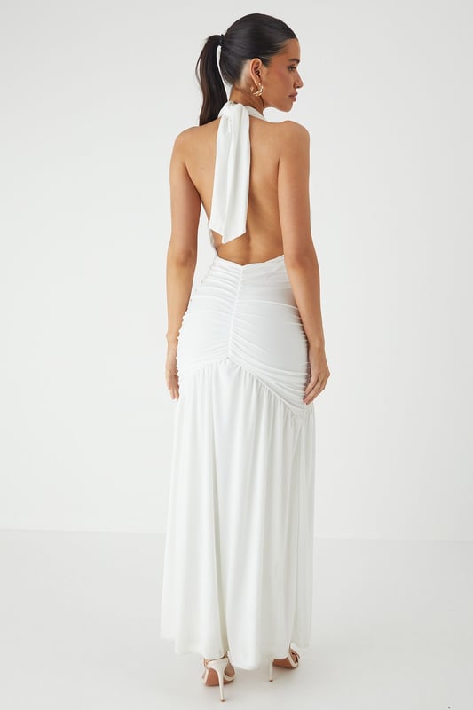 Halter Neck Plunge Ruched High Split Maxi Dress