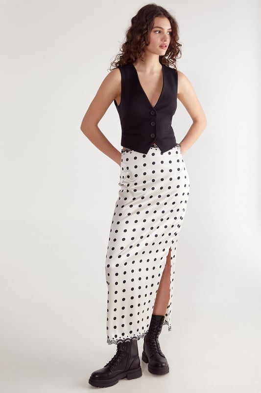 Satin Polka Dot Embroidered Split Maxi Skirt