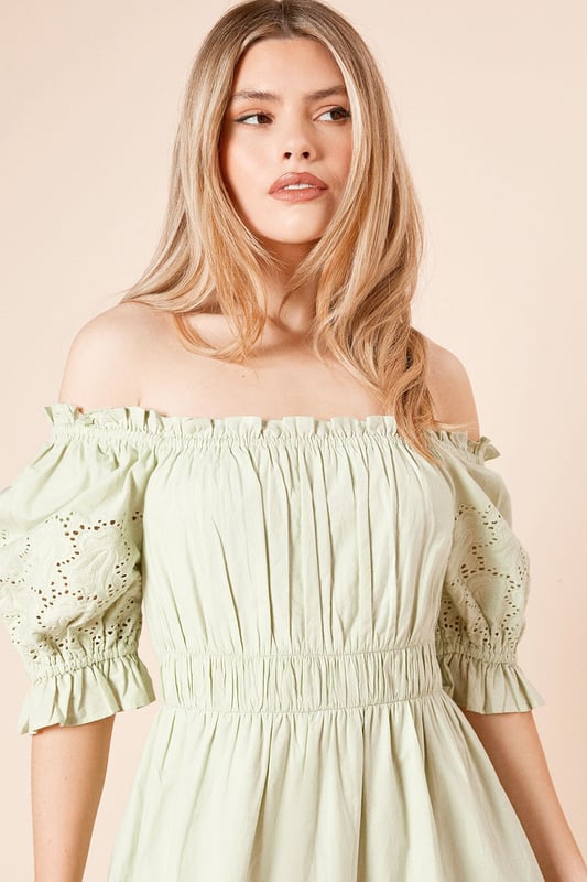 Cut-work Sleeve Poplin Bardot Dress