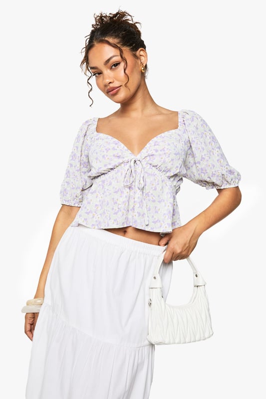 Woven Floral Print Puff Sleeve Smock Top