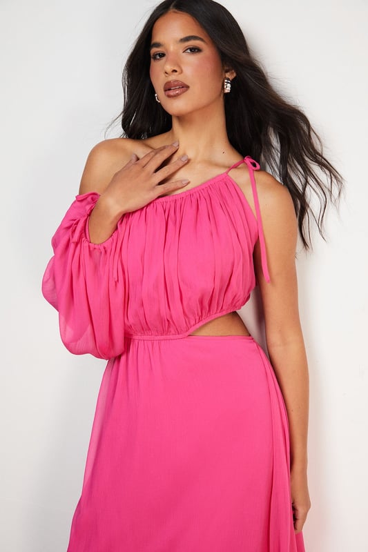 Chiffon One Shoulder Balloon Sleeve Cut Out Midi Dress