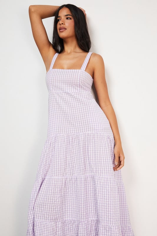 Seersucker Check Strappy Tie Back Tier Midi Sundress