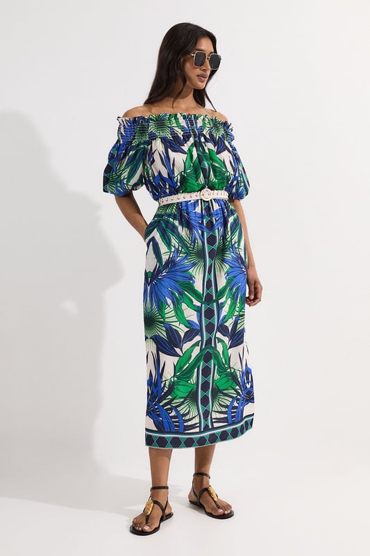 Voile Mirrored Floral Woven Bardot Midi Dress
