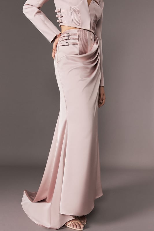 Archive Collection - Tailored Satin Drape Corset Detail Fishtail Maxi Skirt