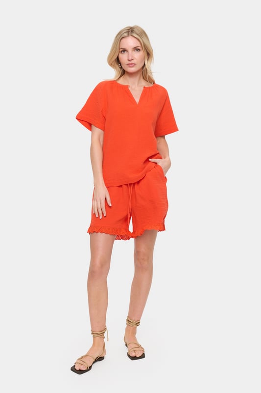 Kurzarm-Bluse Gerade Passform Poinciana orange
