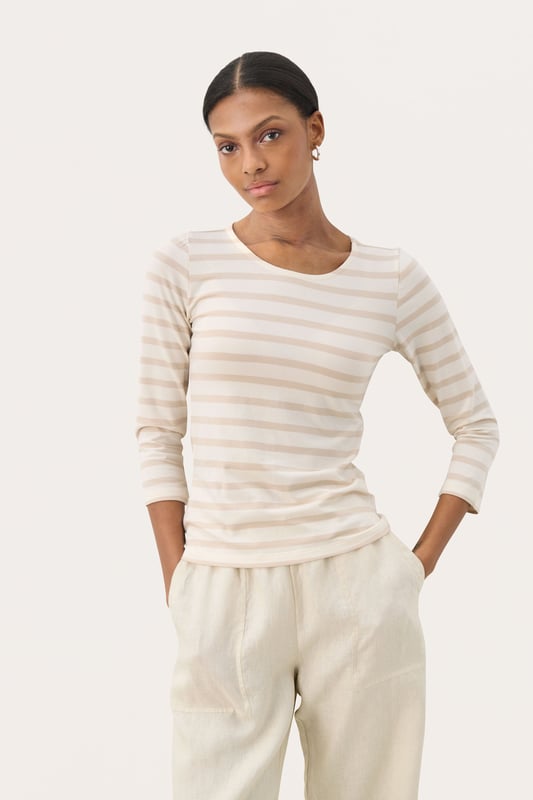 T-shirt Gerade Passform French Oak and White Stripe beige