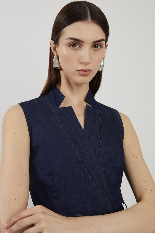 Denim Tailored Notch Neck Belted Fluid Midi Dress