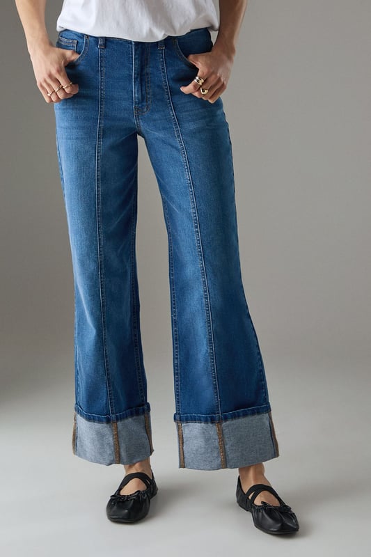 Seam Detail Wide Leg Turn Up Denim Jean