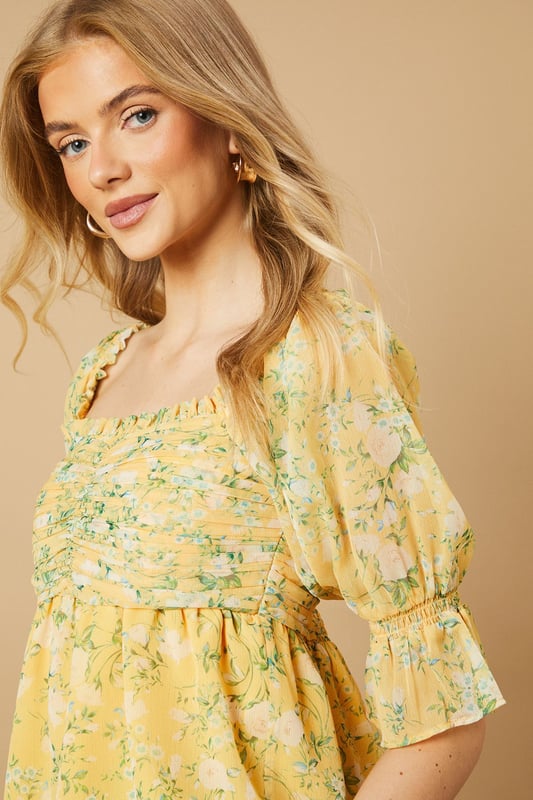 Floral Ruched Bodice Babydoll Blouse