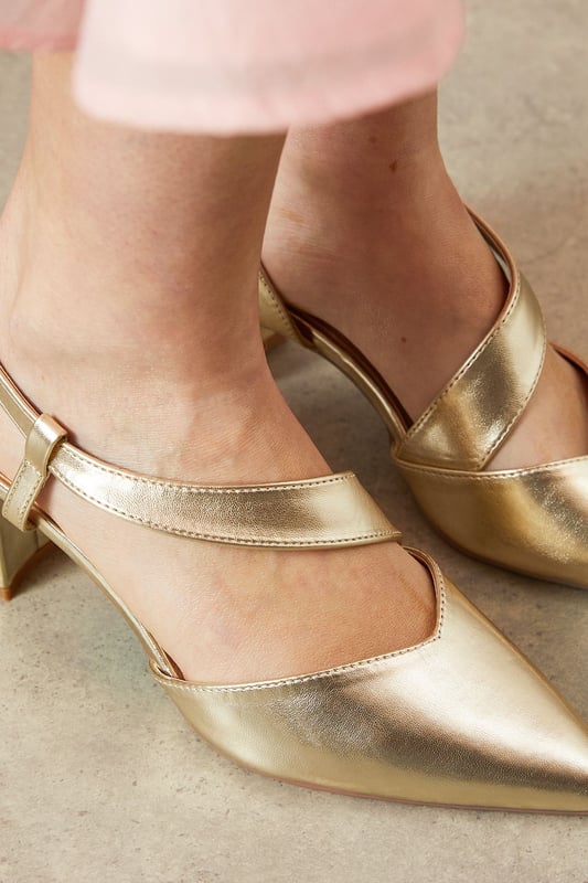 Wide Fit Eve Asymmetric Strap Block Heel Pointed Court Shoes