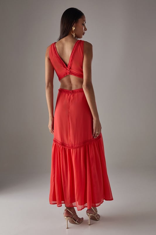 HCD Chiffon Fringe Trim Cut Out Maxi Dress