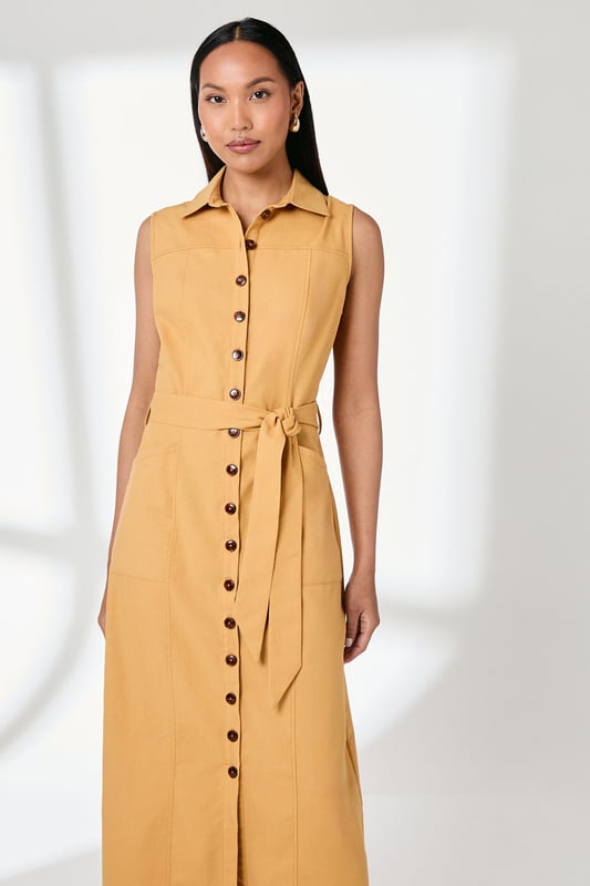 Ochre Button Front Linen Column Shirt Dress