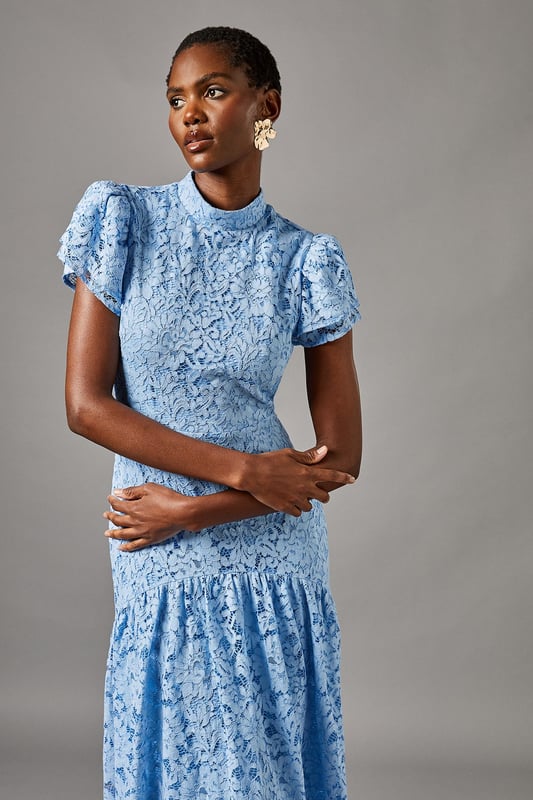 Lace Frill Sleeve High Neck Midi