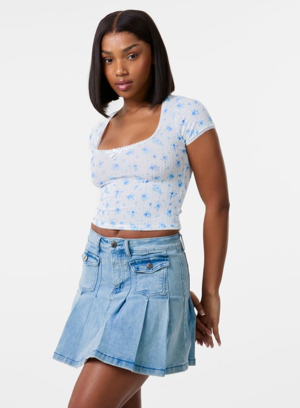 Pointelle Ditsy Print Crop Top